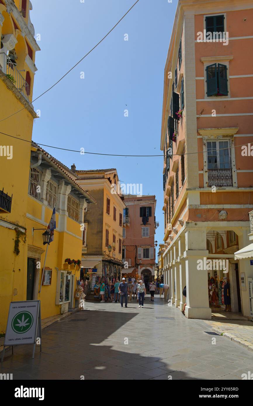 Corfu, Greece - June 6 2024. A street in the centre of Corfu Old Town ...