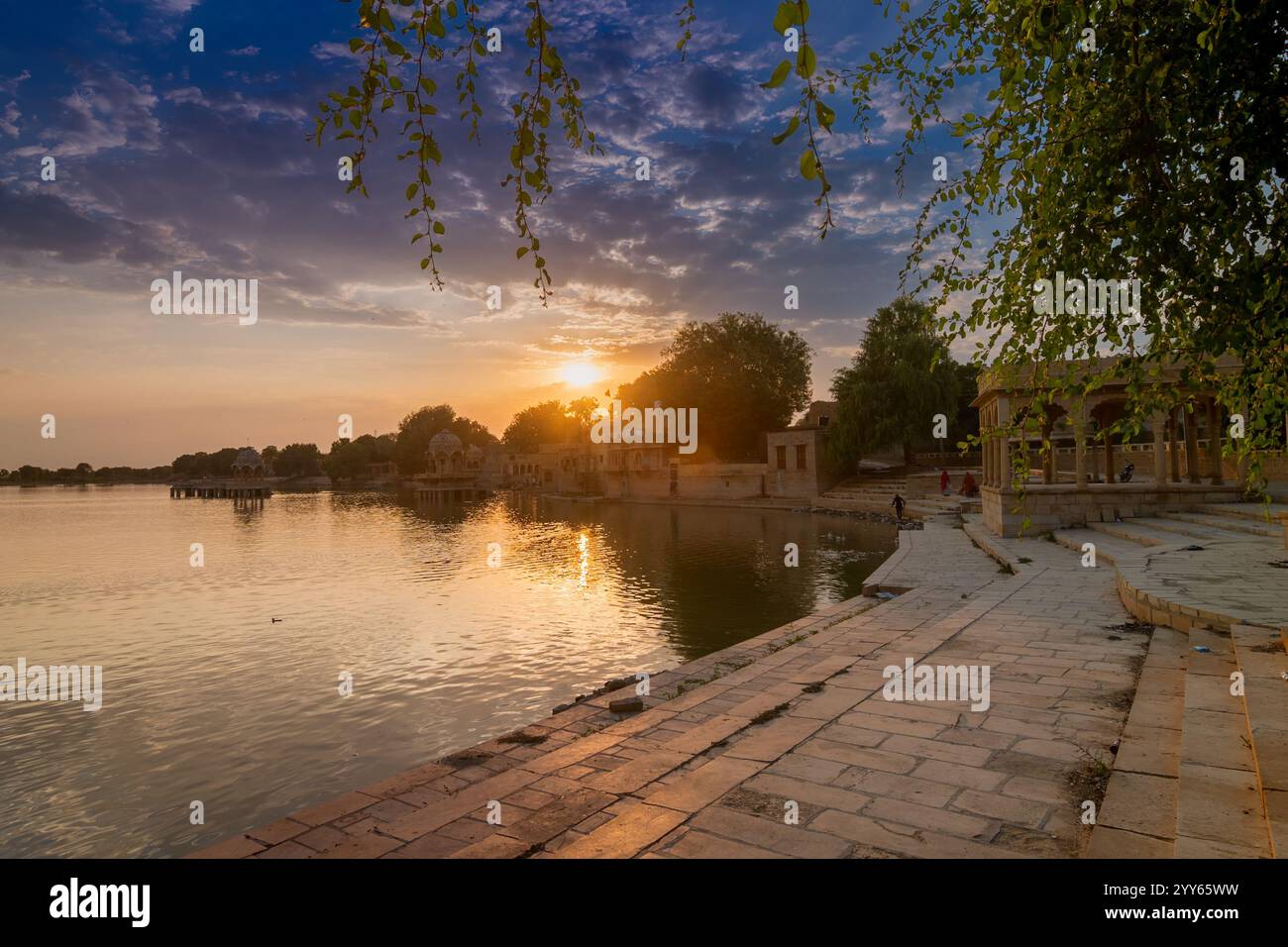 Spectacular sunset at Gadisar lake,Jaisalmer,Rajasthan, India. Setting ...