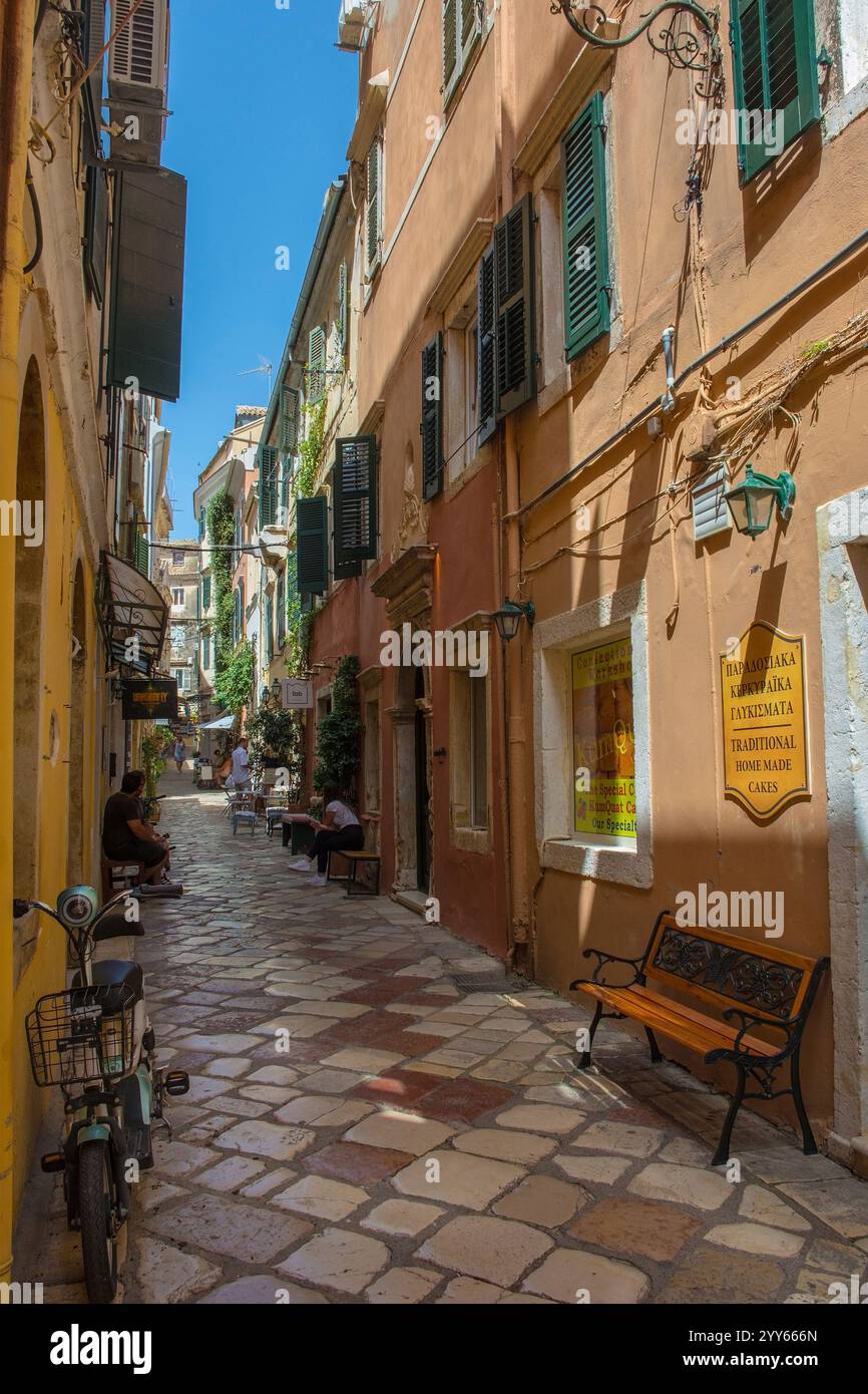 Corfu, Greece - June 6 2024. A street in the centre of Corfu Old Town ...