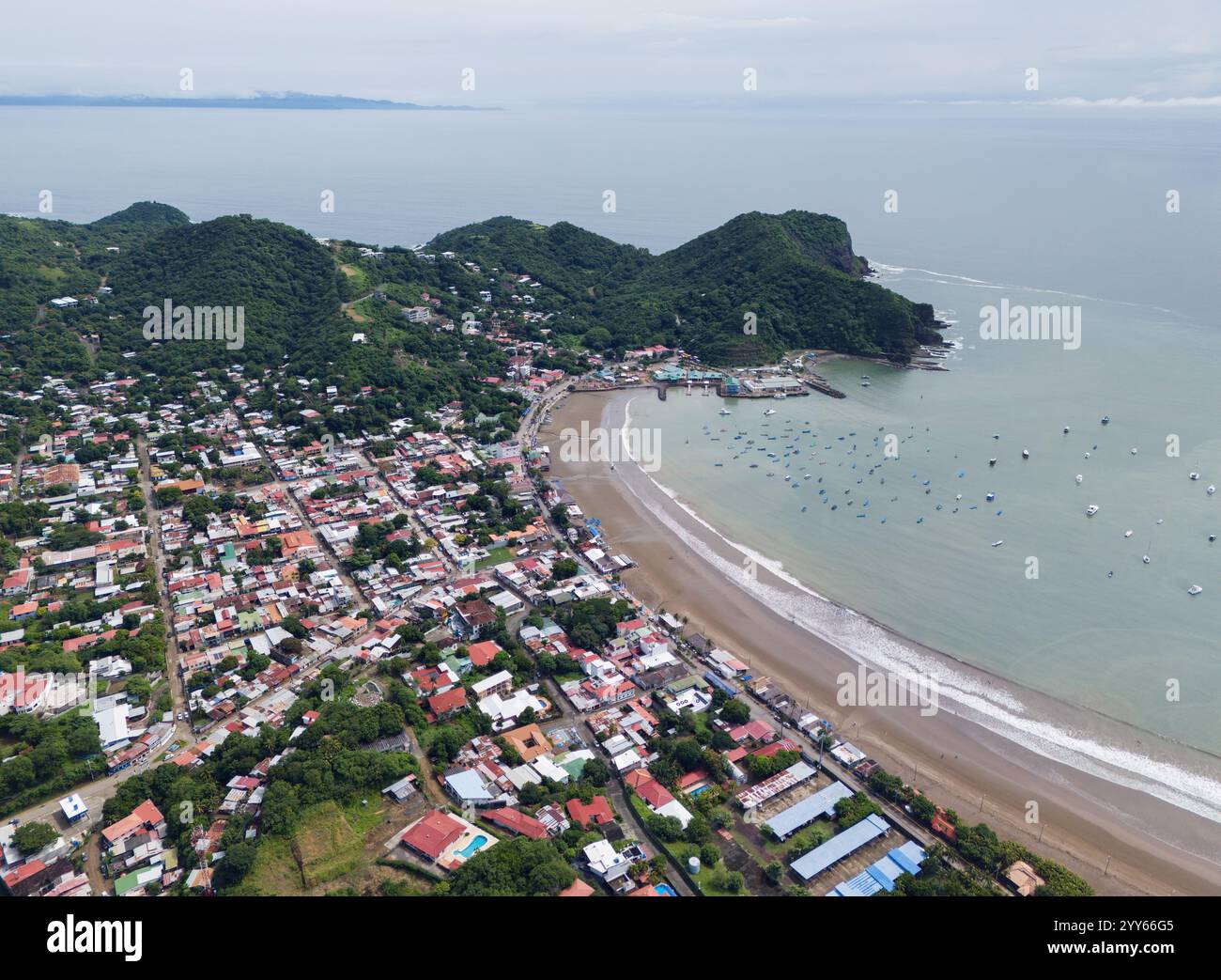 Tourist town San Juan Del Sur in Nicaragua with big ocean bay aerial ...