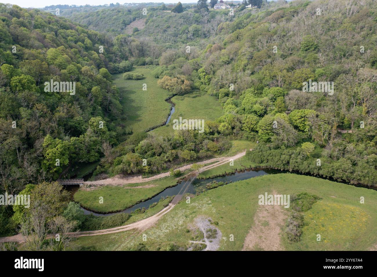 Aerial view of Pwll Du at bottom of Bishopston Valley, Gower, Wales, UK ...