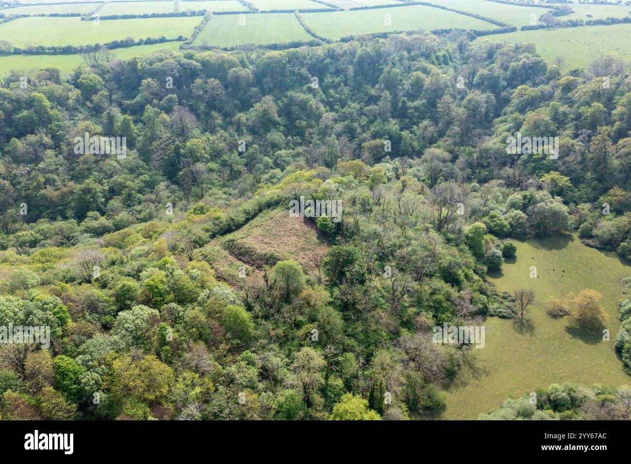 Aerial view of Iron Age fort above Bishopston Valley, Gower, Wales, UK ...
