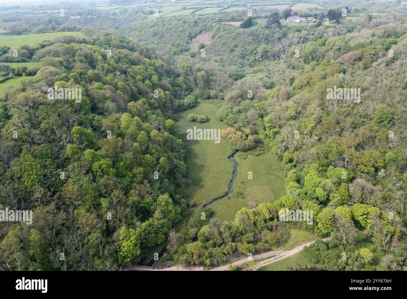 Aerial view of Pwlldu at bottom of Bishopston Valley, Gower, Wales, UK ...