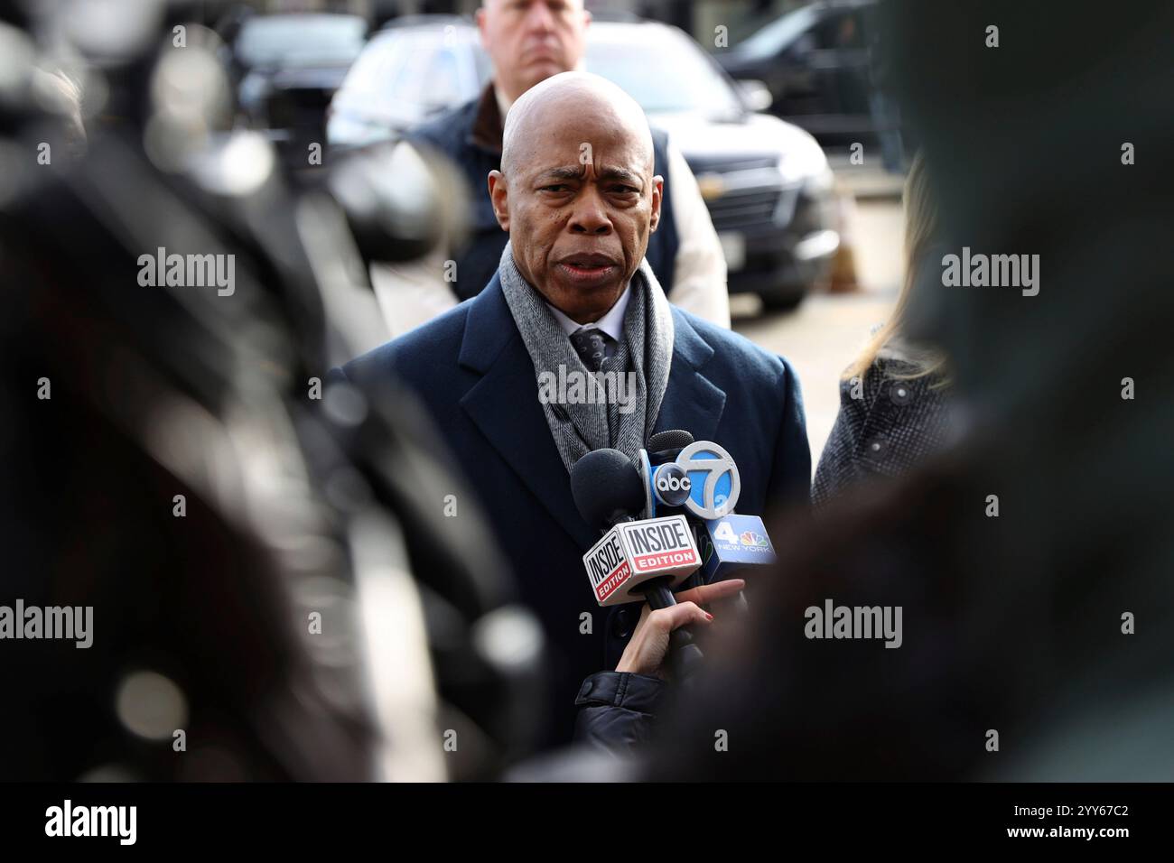 NYC Mayor Eric Adams speaks to the press after the arrival of Luigi ...