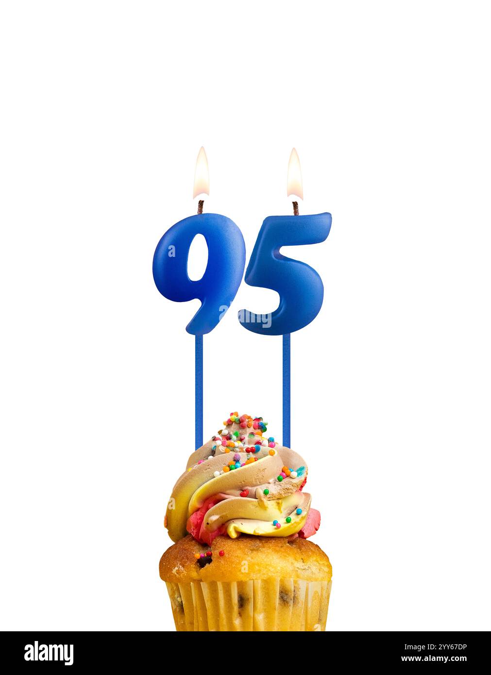 Blue number 95 candle - Birthday card on a white background Stock Photo ...