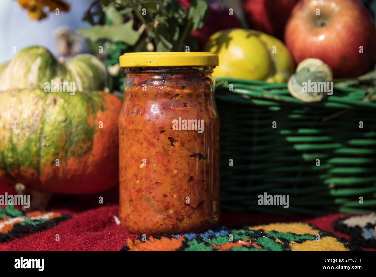 Freshly homemade Ajvar (Pepper Mousse) in a Jar (glass bowl) made of ...