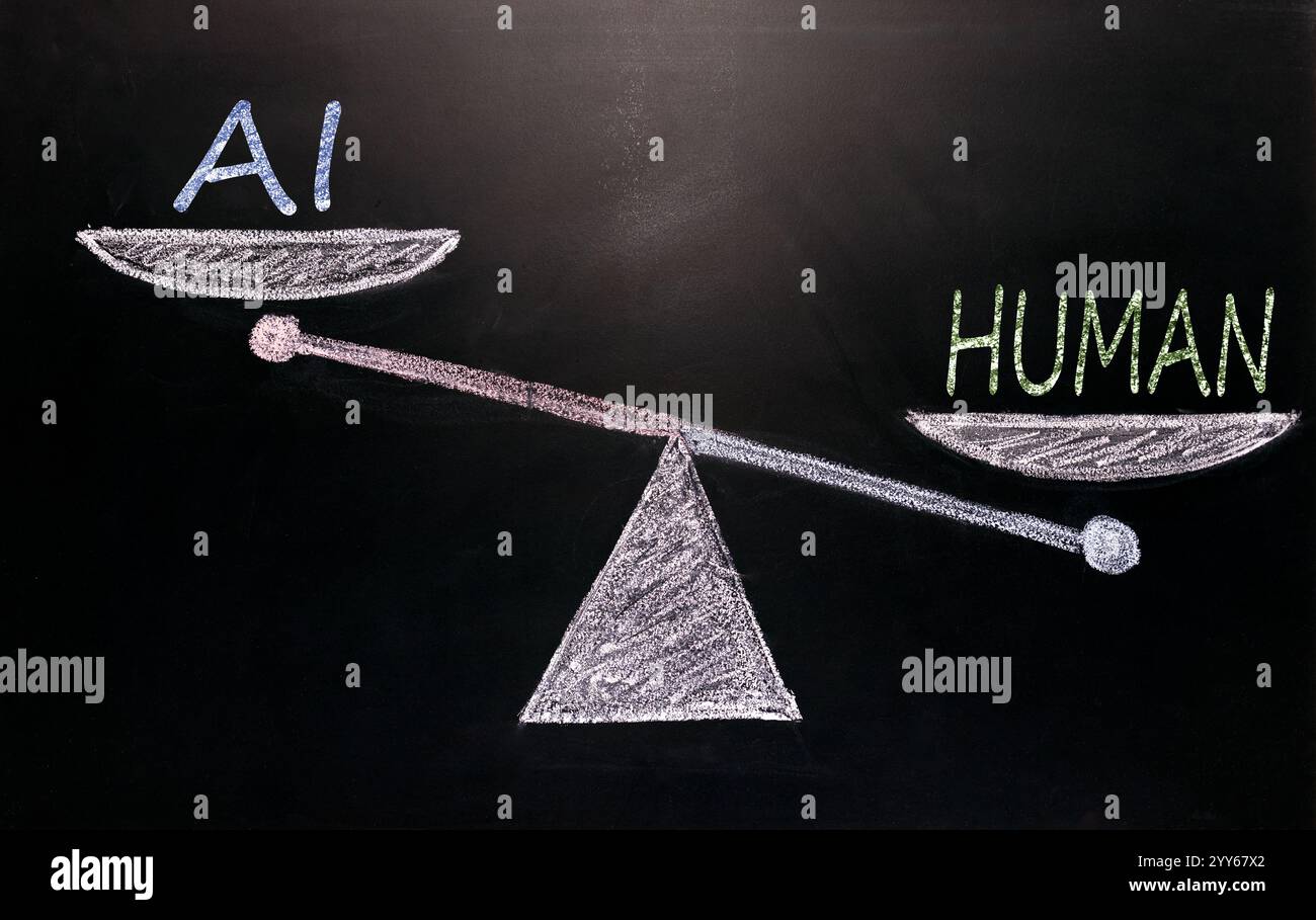 balance between artificial intelligence AI and people. on the scales ...