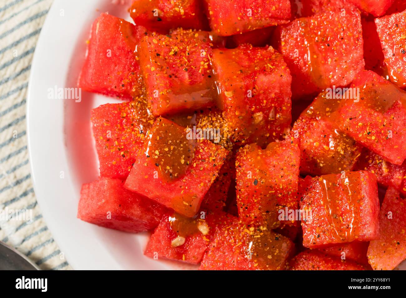 Spicy and Sweet Mexican Tajin Watermelon Cubes Ready to Eat Stock Photo ...