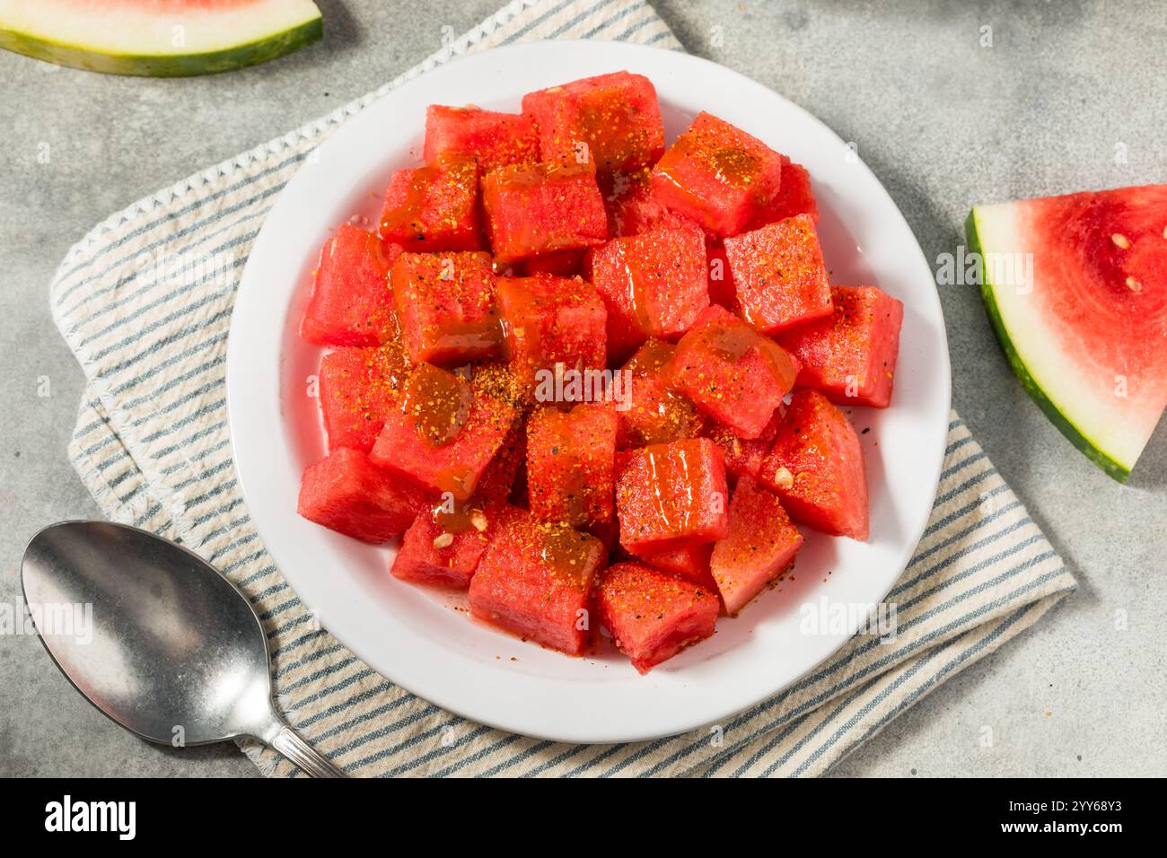 Spicy and Sweet Mexican Tajin Watermelon Cubes Ready to Eat Stock Photo ...