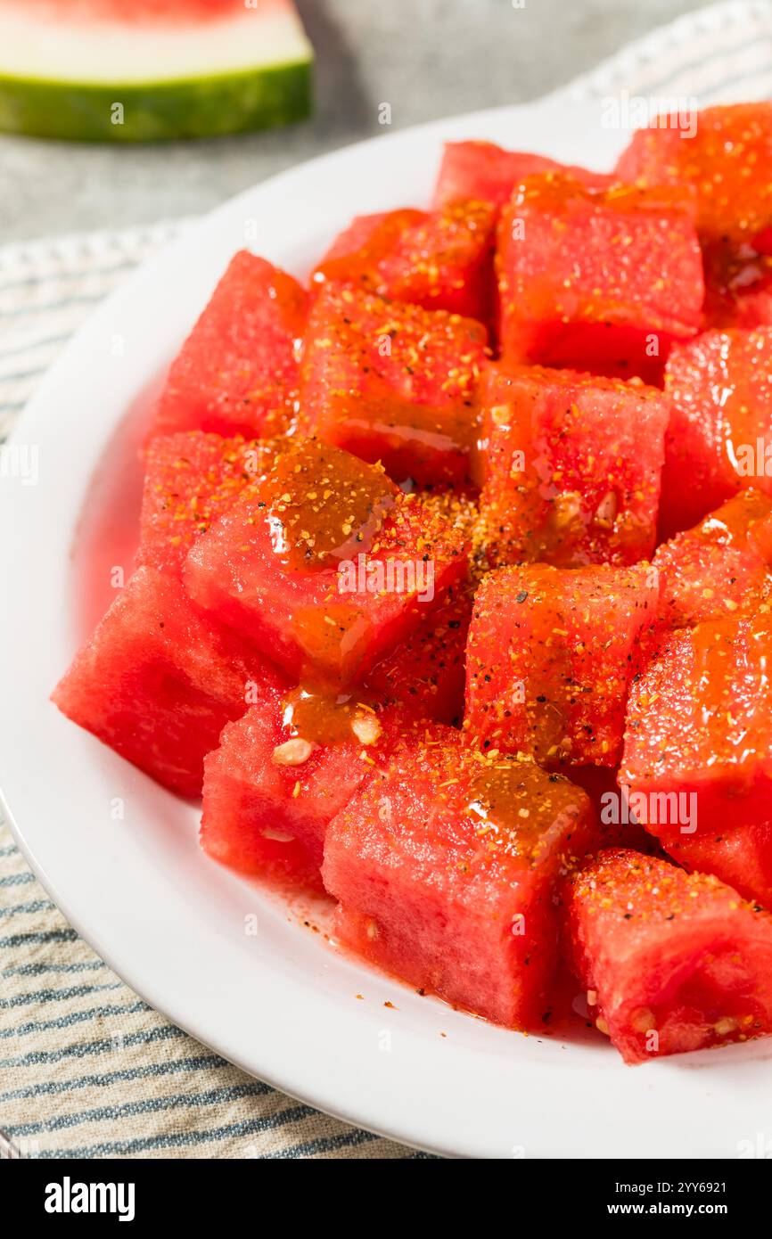 Spicy and Sweet Mexican Tajin Watermelon Cubes Ready to Eat Stock Photo ...