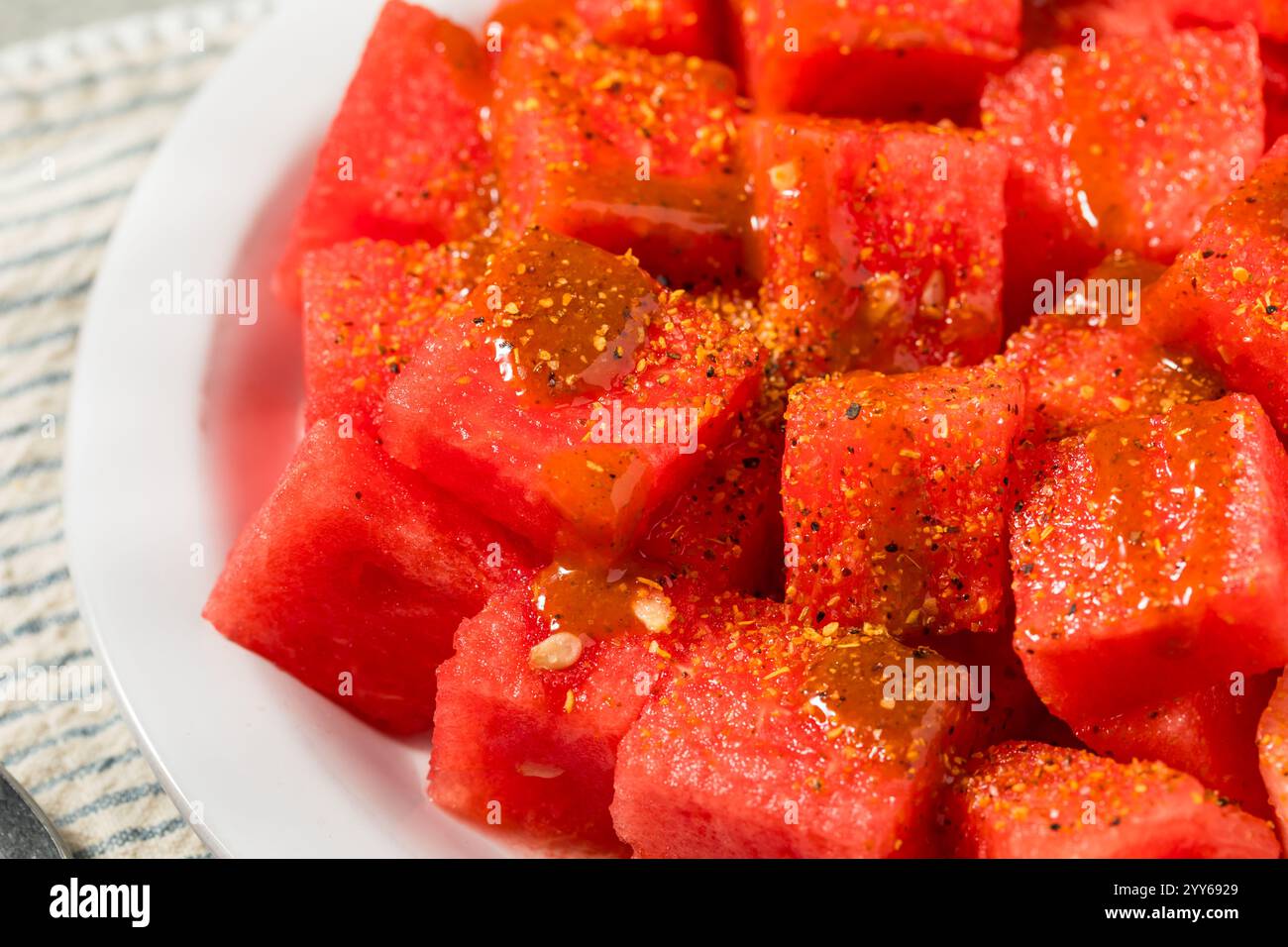Spicy and Sweet Mexican Tajin Watermelon Cubes Ready to Eat Stock Photo ...