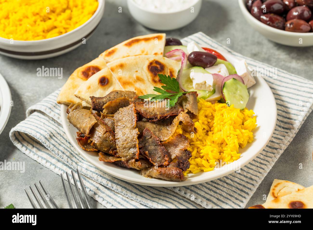 Homemade Greek Gyro Plate with Rice and Pita Stock Photo - Alamy