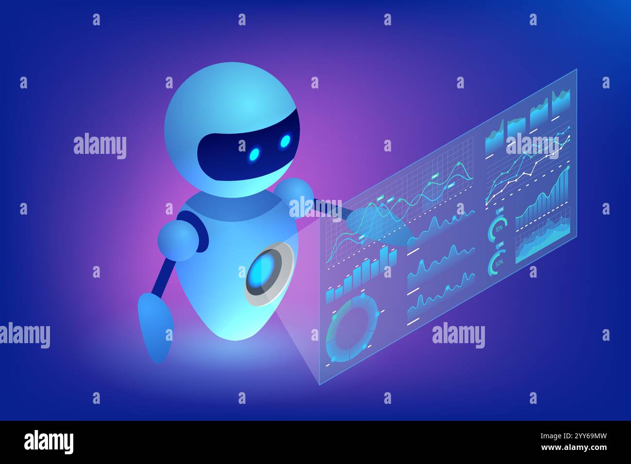 Isometric AI chatbot robot interacting with holographic data dashboards above a smartphone. Neon ...