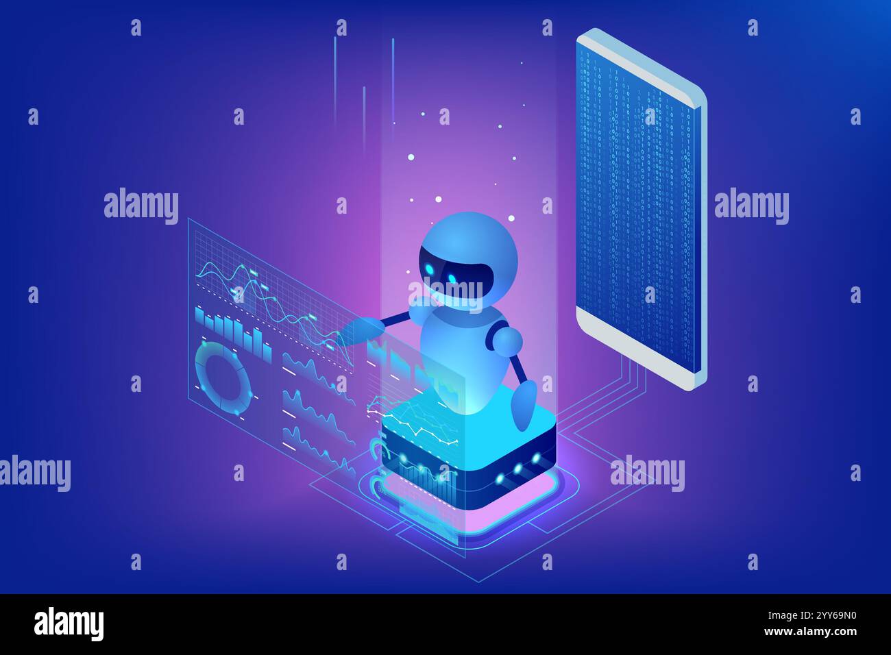 Isometric AI chatbot robot interacting with holographic data dashboards above a smartphone. Neon ...