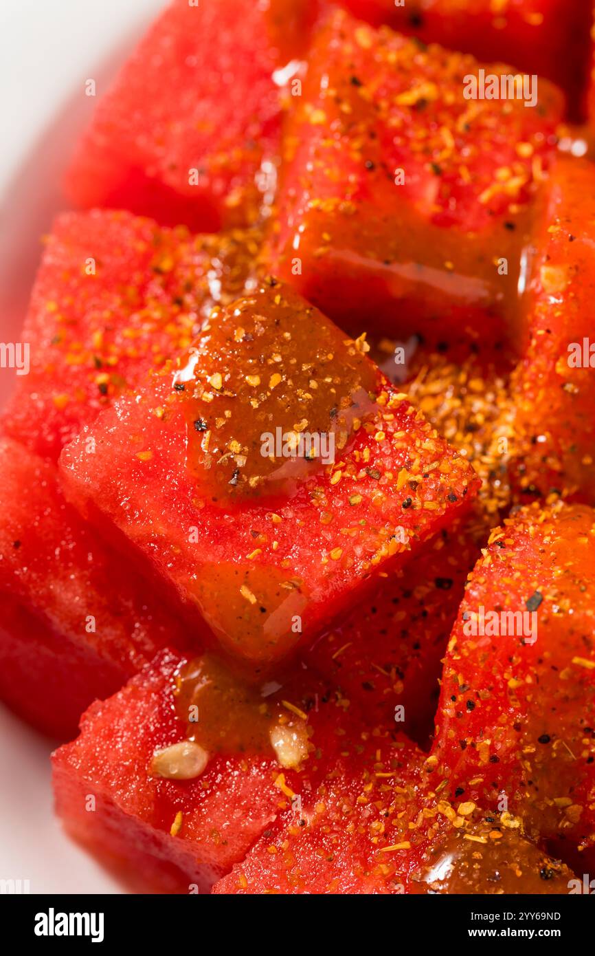 Spicy and Sweet Mexican Tajin Watermelon Cubes Ready to Eat Stock Photo ...