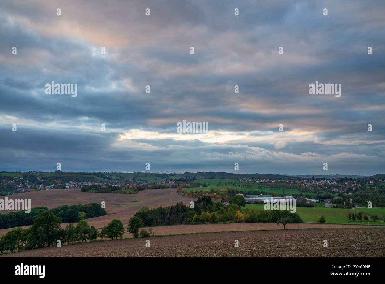 Picturesque view of the German countryside with fields, forests and ...