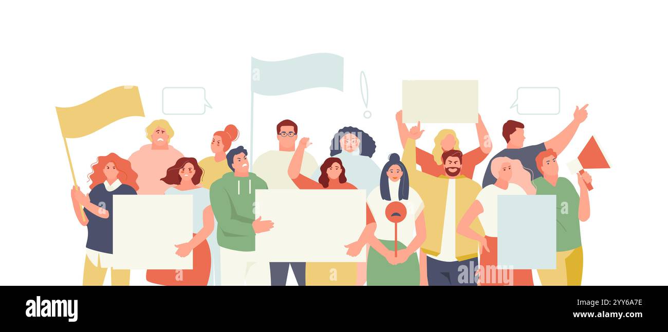 Protesting people with posters and banners. Strike, mass action vector ...