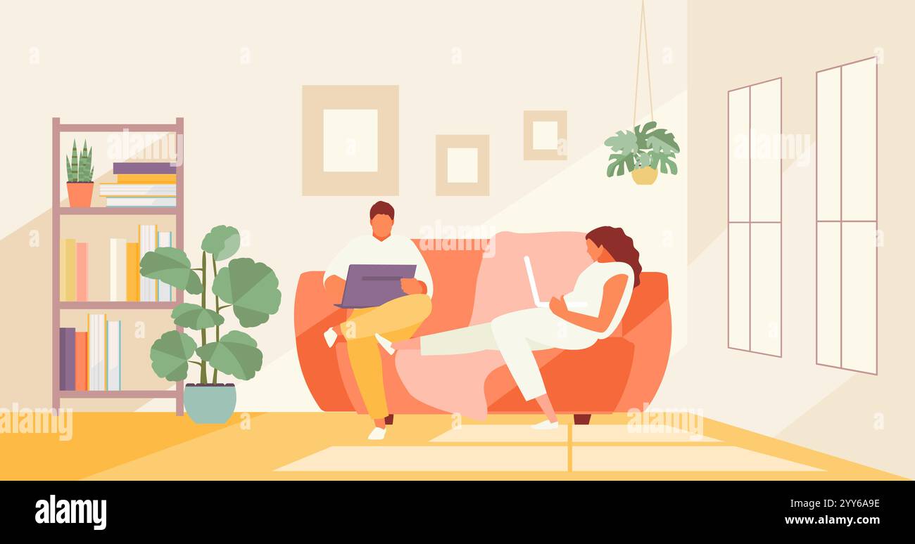 People couple people work at home. Remote work and freelance vector ...
