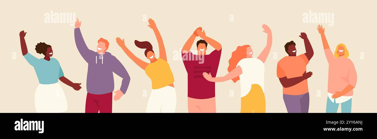 Group of happy people group with hands up. Joy and positive emotions ...