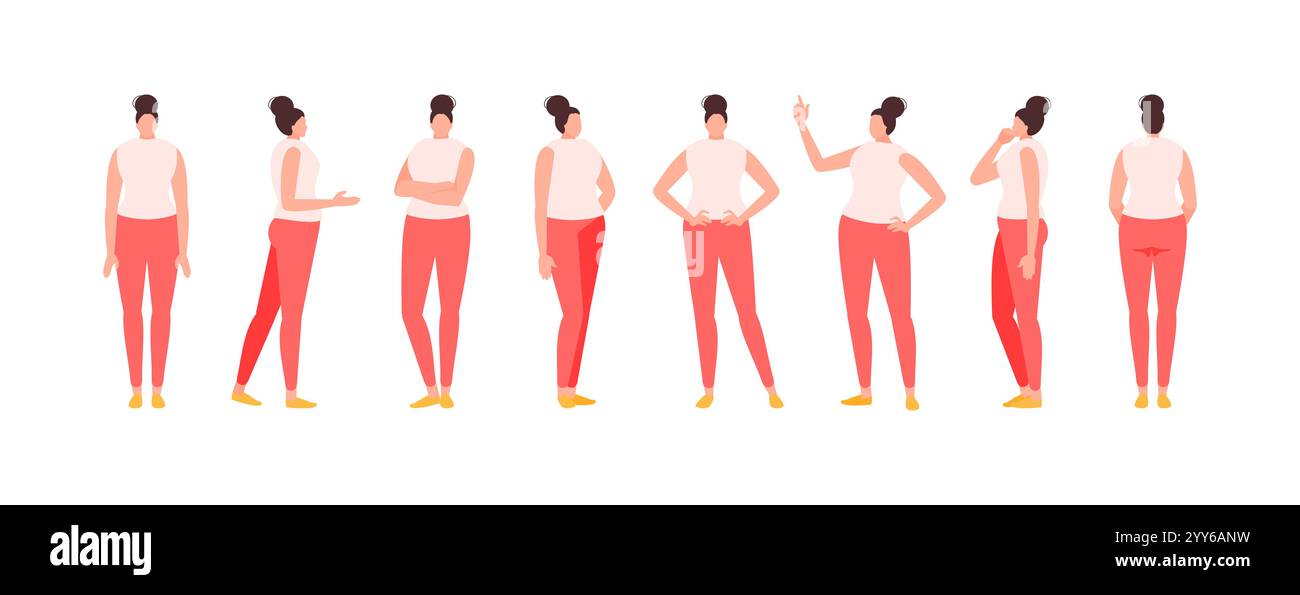 Standing woman character in various positions, front, side and back ...