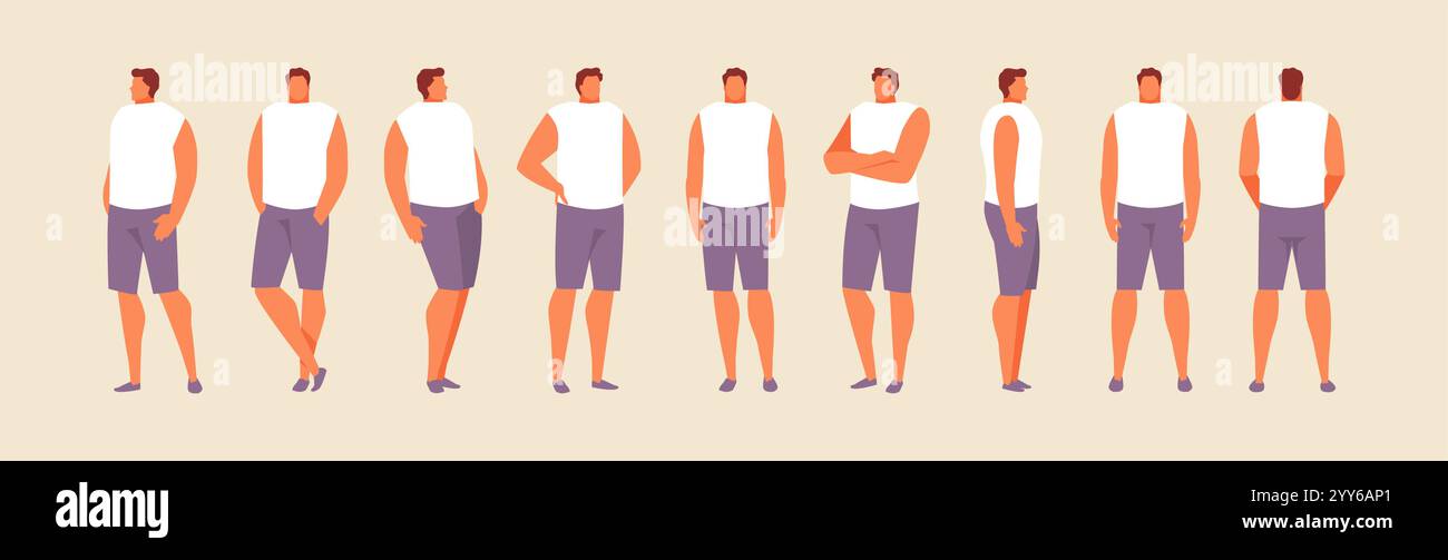 Standing guy in different positions view from the side, front and back ...