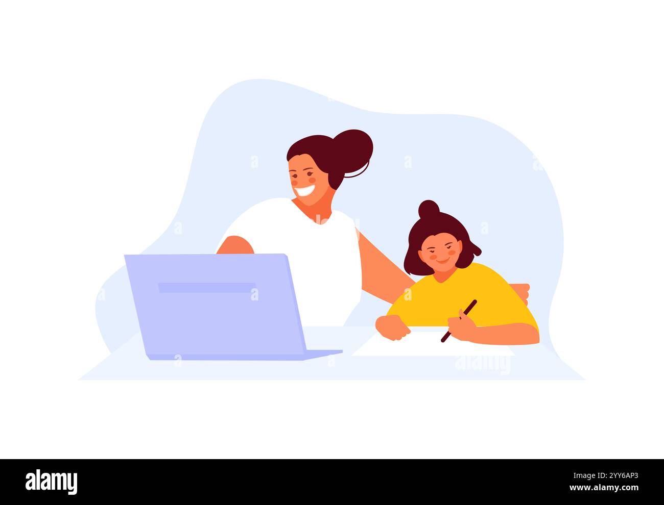 Mother freelancer works at home with her child. Self-isolation remote ...