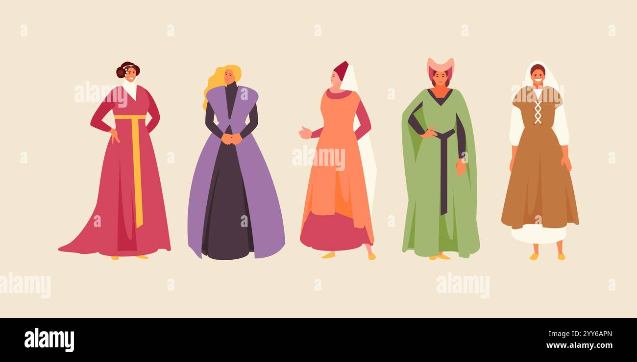 Group of Medieval women in historical costumes. Vector characters Stock ...