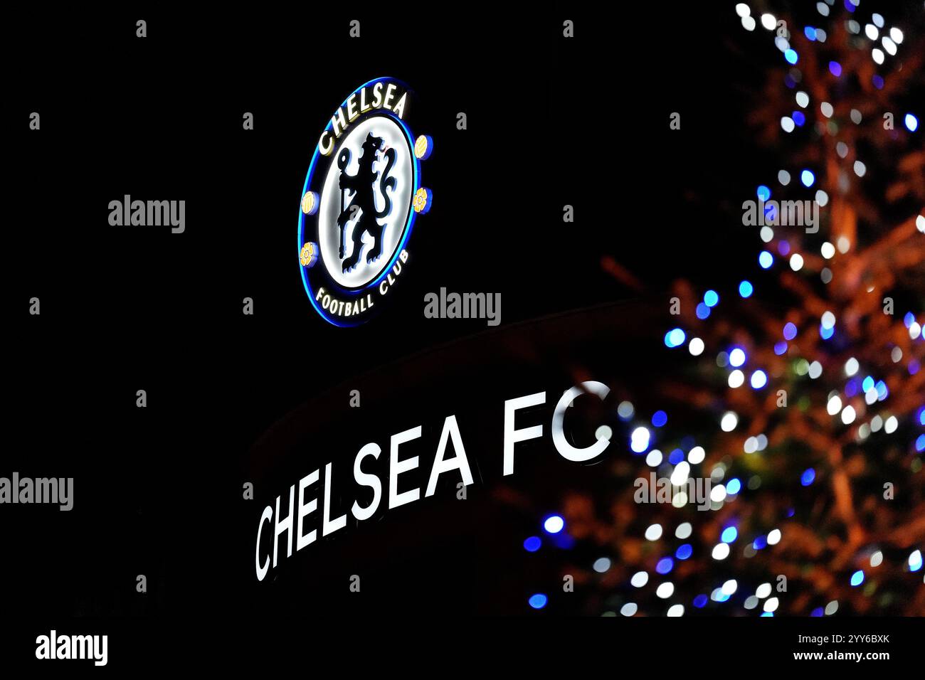 A general view of the Chelsea badge and Christmas tree lights outside ...