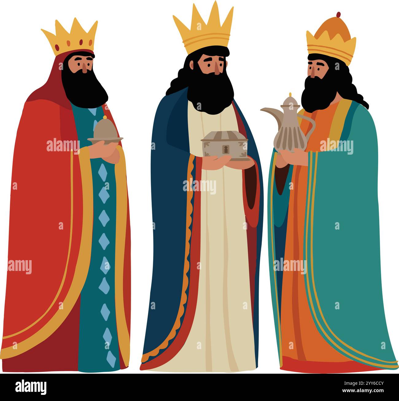 Christmas greeting card, invitation. Biblical Three kings Caspar, Melchior, Balthazar bringing ...