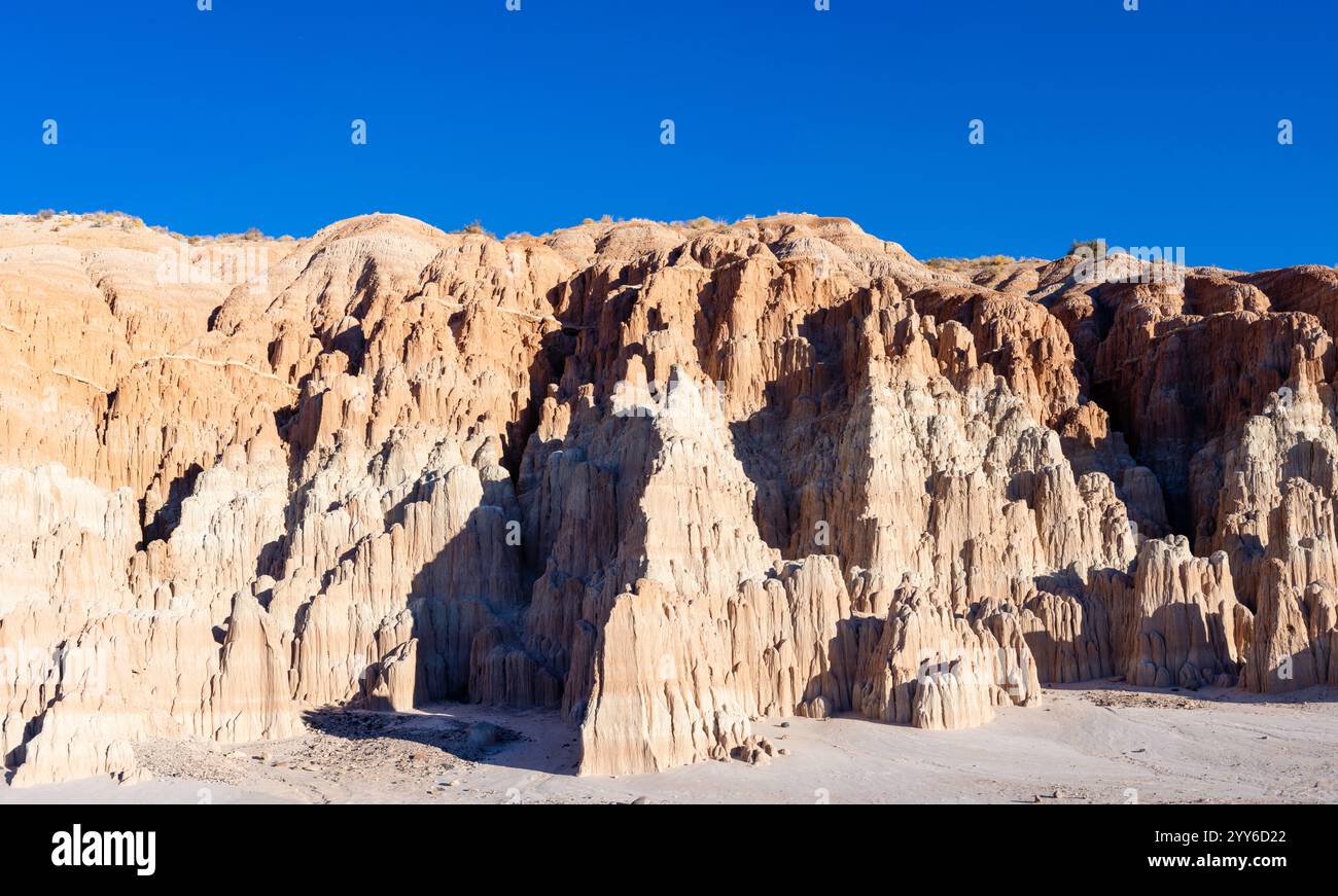 Panoramic photograph of eroded clay soils at Cathedral Gorge State Park ...
