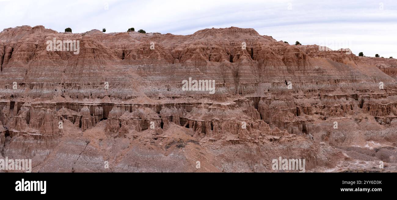 Panoramic photograph of eroded clay soils at Cathedral Gorge State Park ...