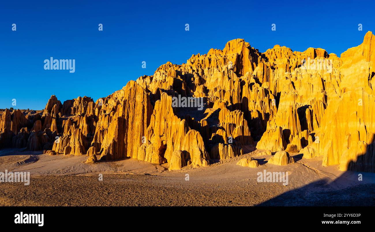 Panoramic photograph of eroded clay soils at Cathedral Gorge State Park ...