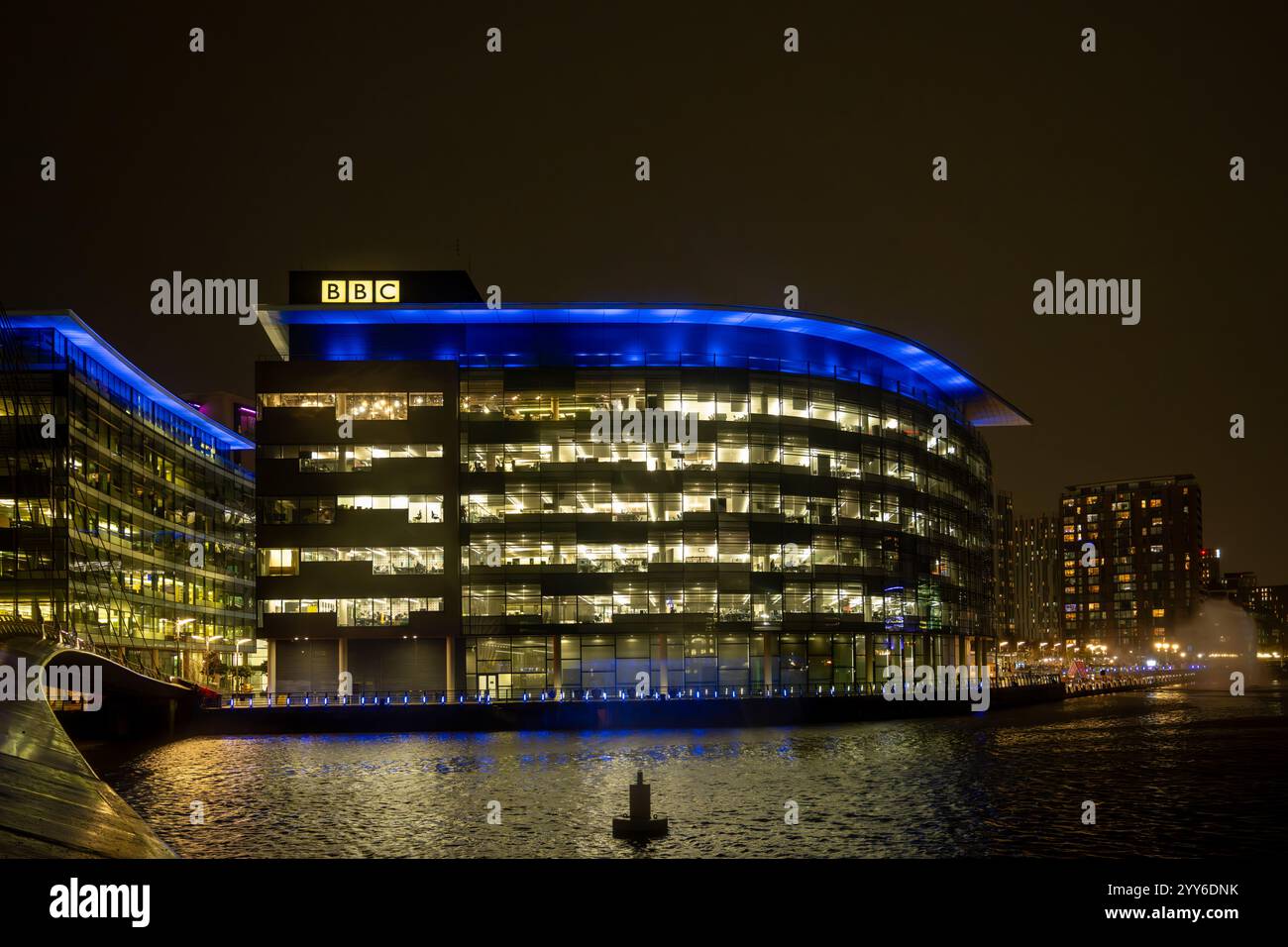 The BBC offices in Media City, Salford at night. UK Stock Photo - Alamy