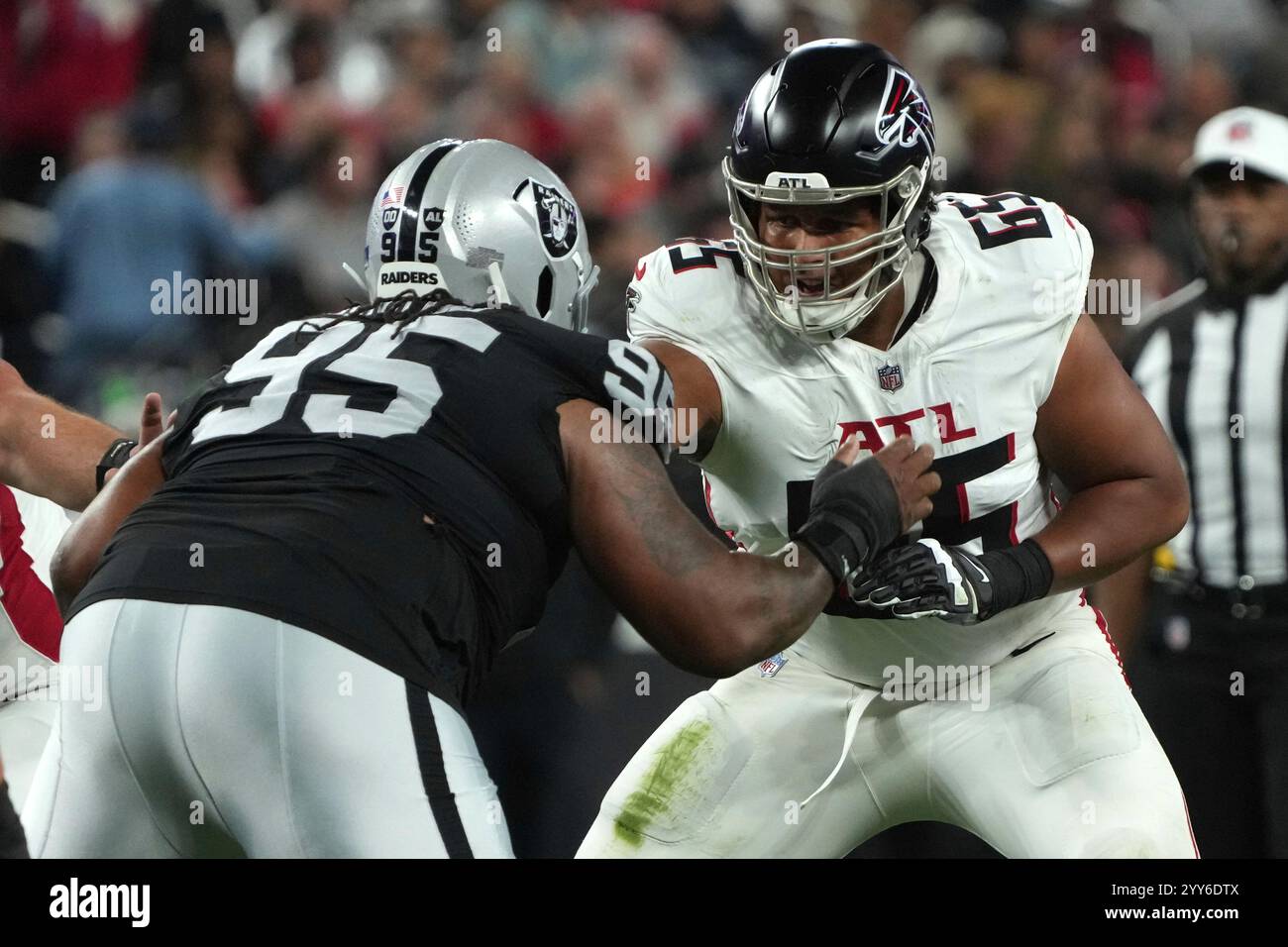 Atlanta Falcons guard Matthew Bergeron (65) lines up against the Las ...
