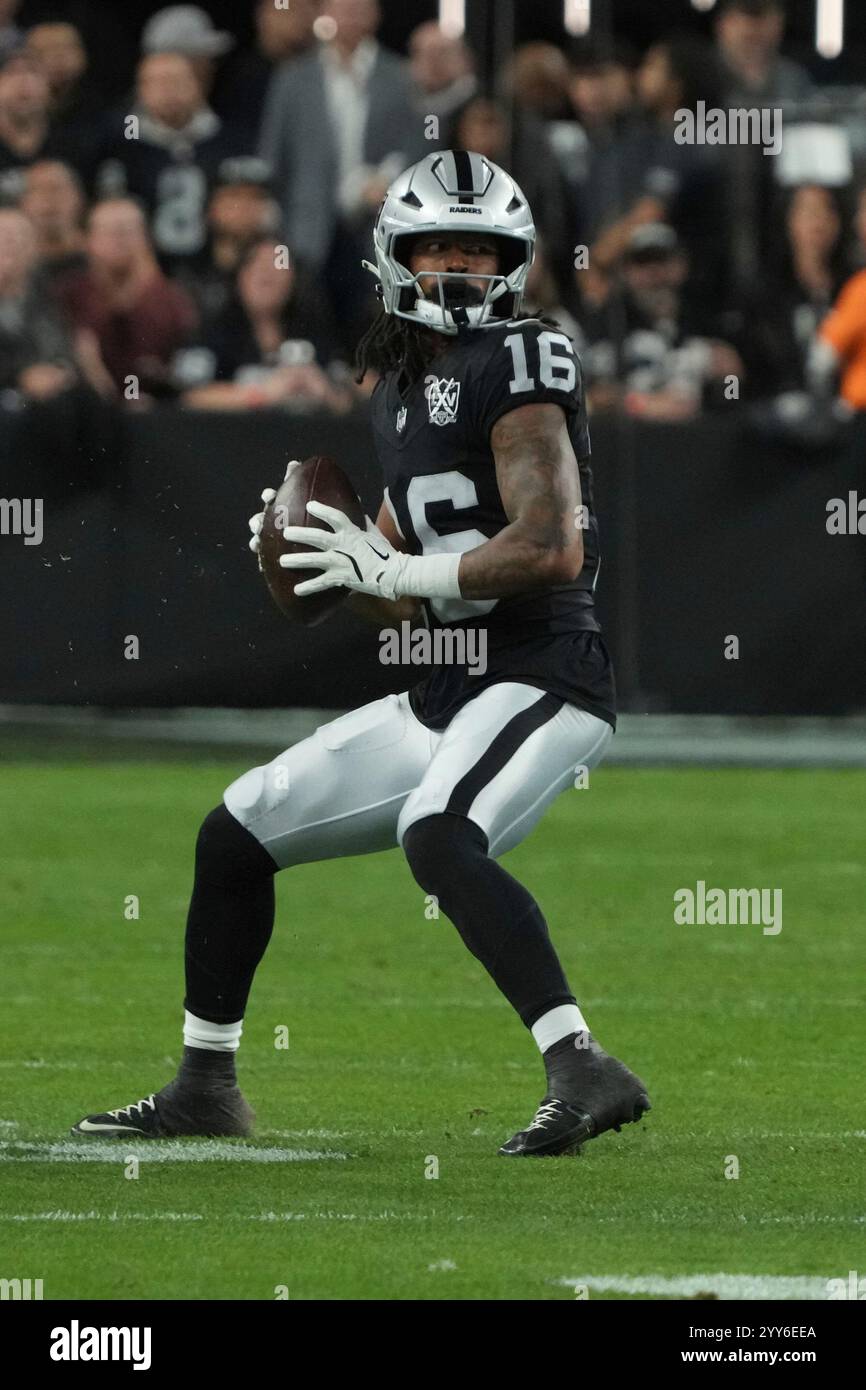 Las Vegas Raiders wide receiver Jakobi Meyers (16) throws the ball against the Atlanta Falcons ...