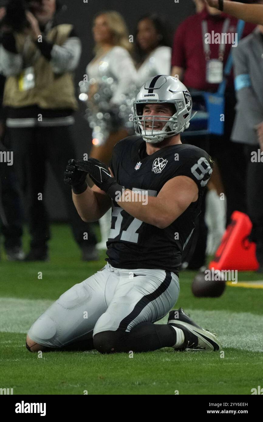 Las Vegas Raiders tight end Michael Mayer (87) reacts against the ...