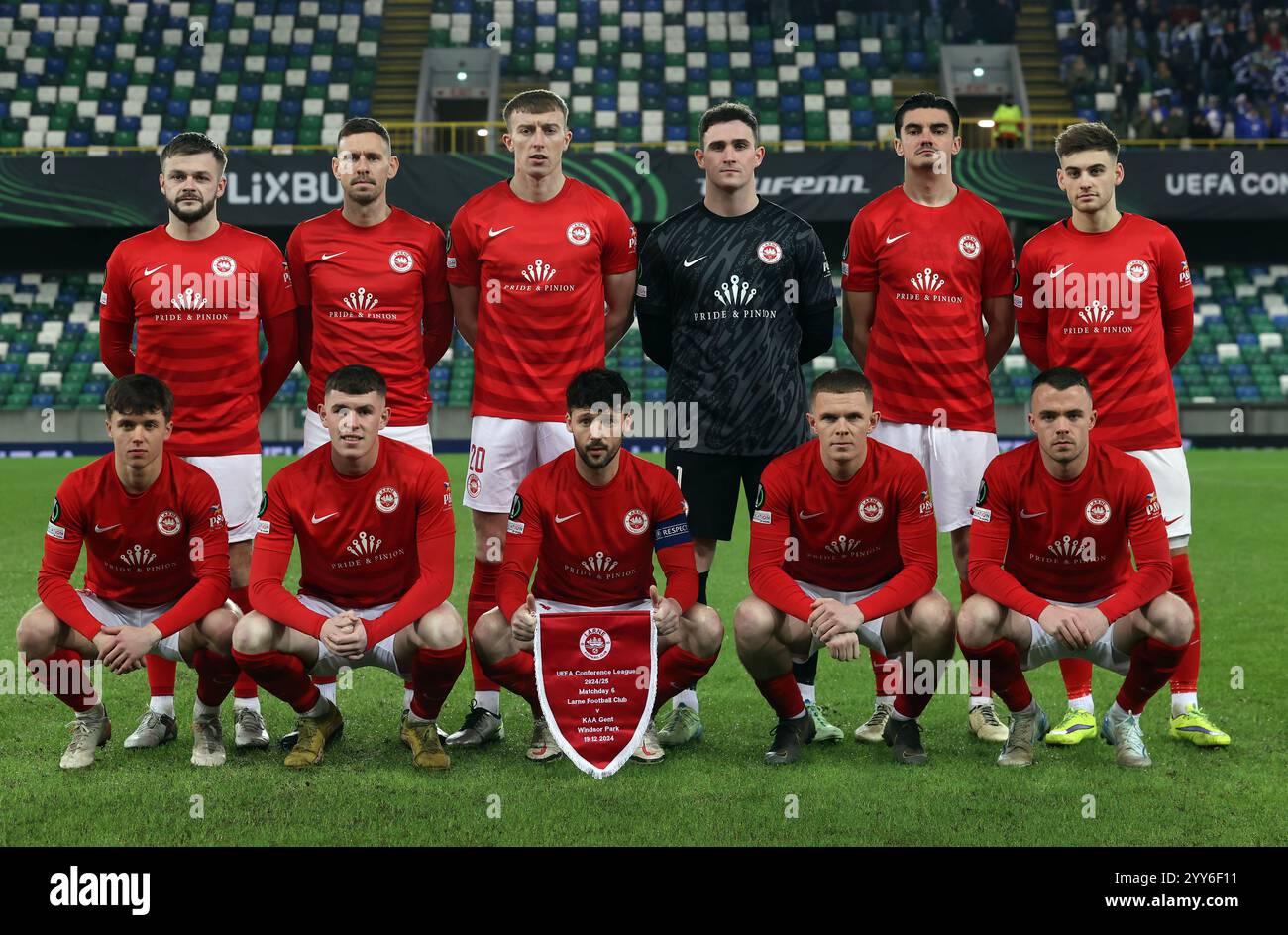 Larne players line up ahead of the UEFA Europa Conference League, league stage match at Windsor ...