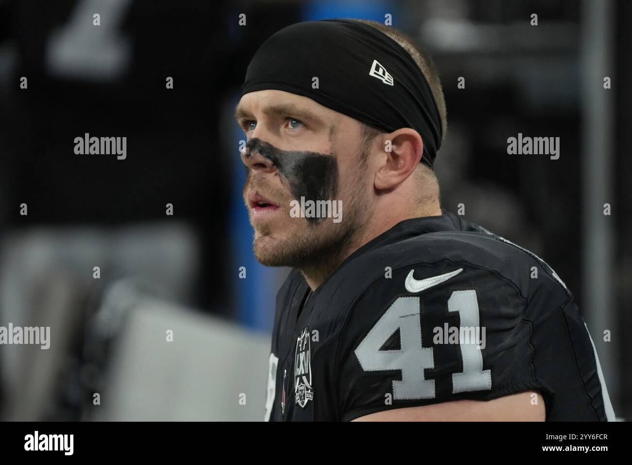 Las Vegas Raiders linebacker Robert Spillane (41) during the first half of an NFL football game ...