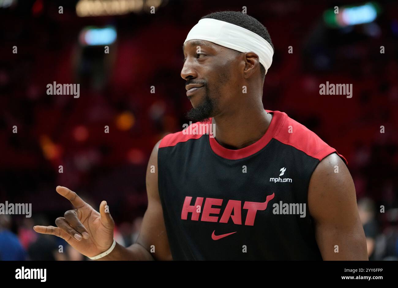Miami Heat center Bam Adebayo warms up before an NBA basketball game ...