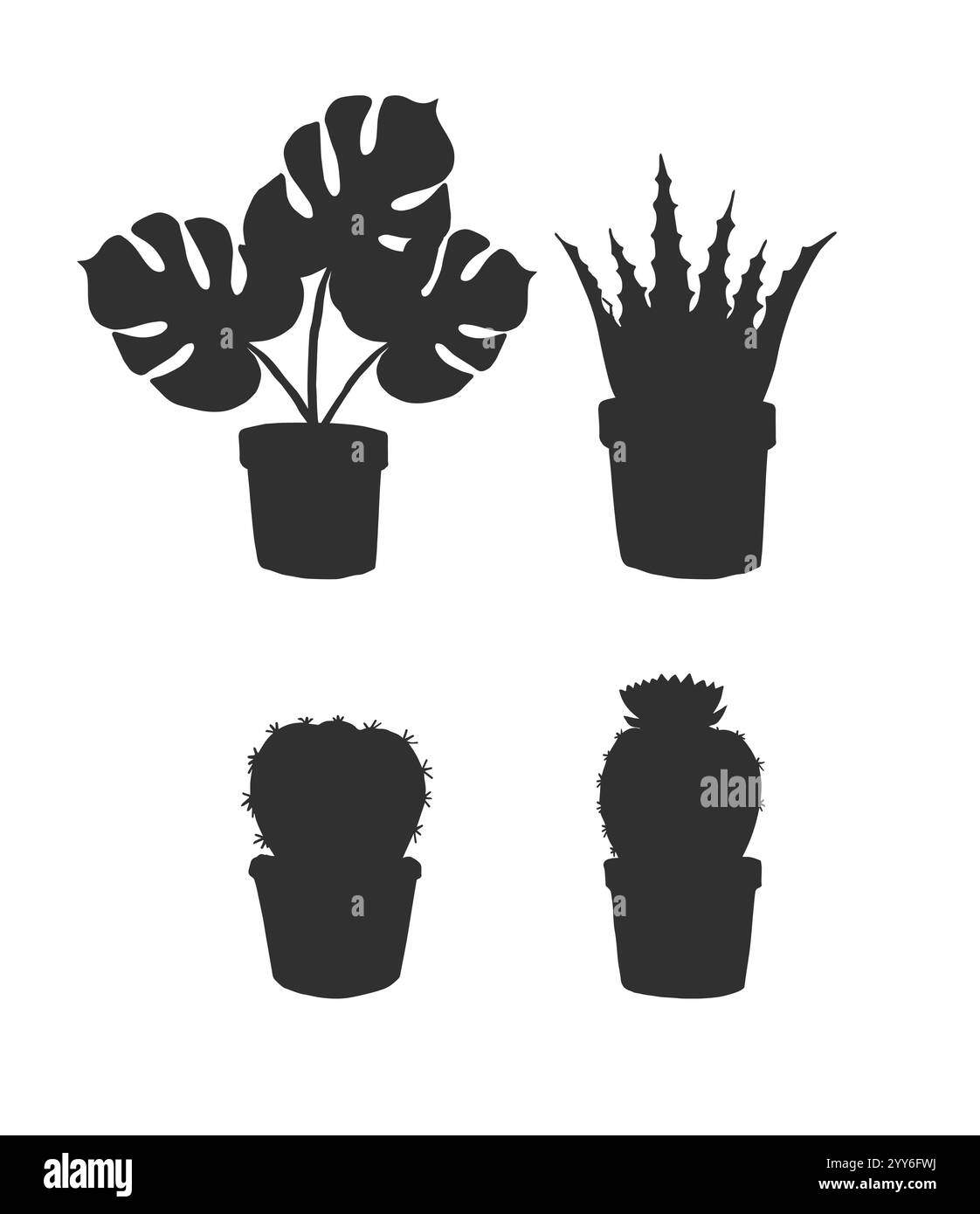 Vector set bundle of black hand drawn monstera plant and cactus in pots ...