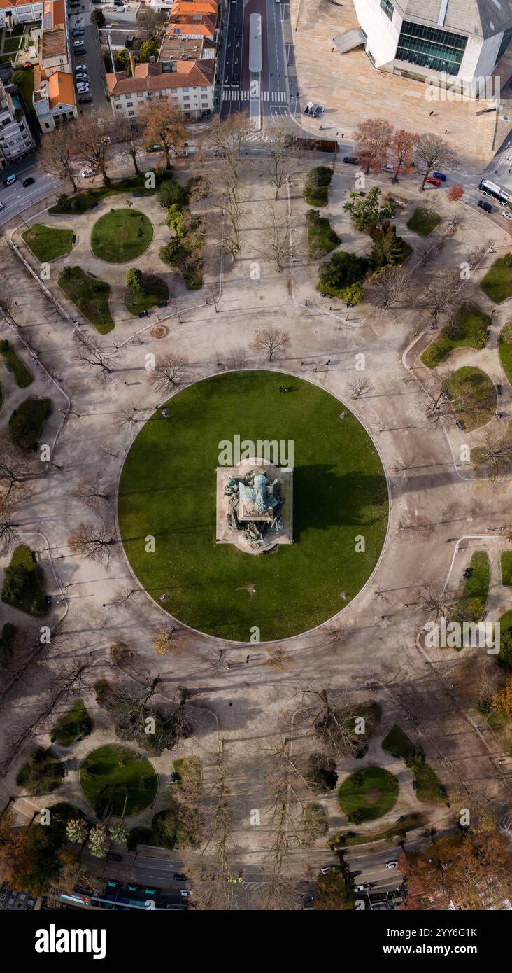 Aerial drone vertical panorama of Boavista roundabout in Porto ...
