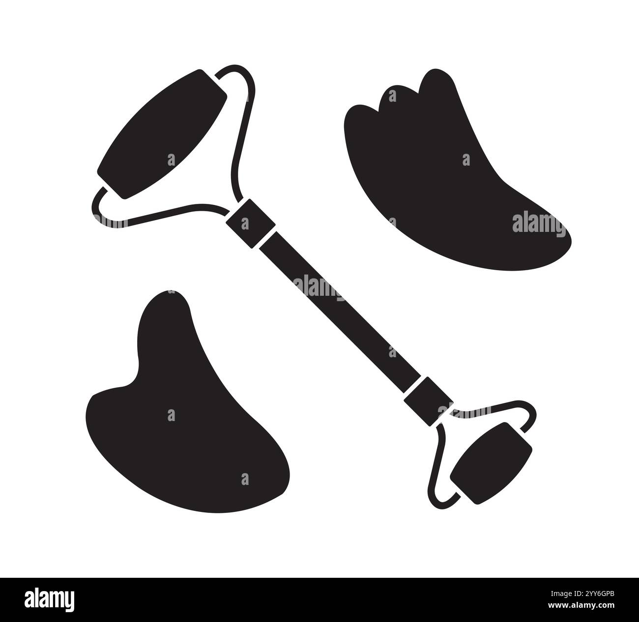 Vector set bundle of flat black stone face roller and gua sha isolated ...