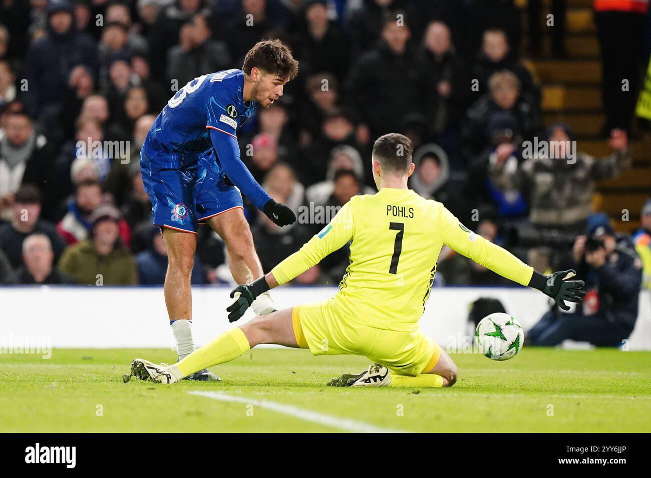 Chelsea's Marc Guiu (left) attempts a shot on goal during the UEFA ...
