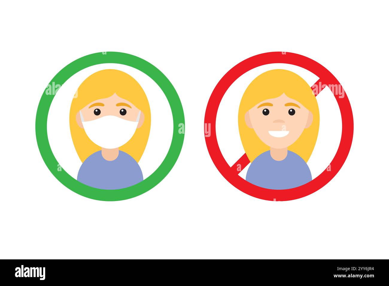 Vector flat cartoon No entry without medical face mask signs. Woman in ...