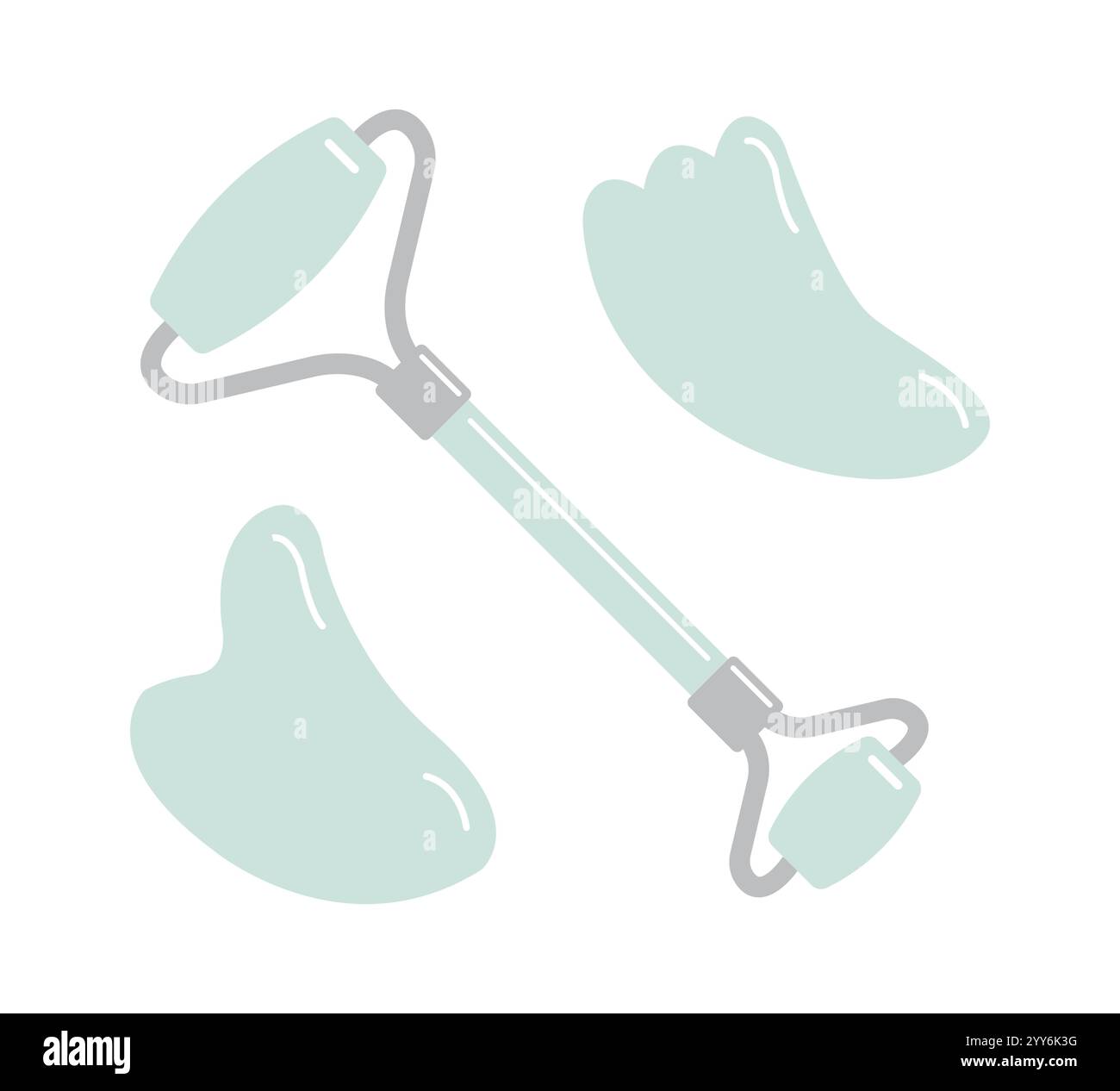 Vector set bundle of flat cartoon stone face roller and gua sha isolated on white background ...