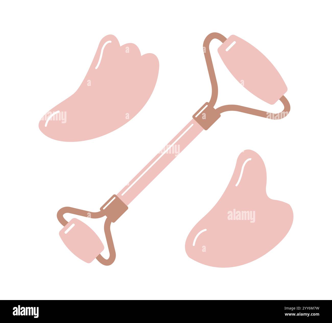 Vector set bundle of flat cartoon rose quartz face roller and gua sha ...