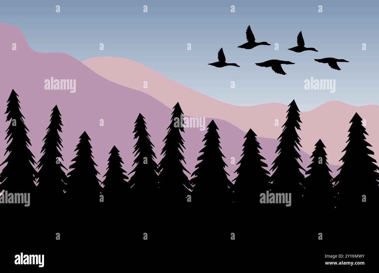 Vector duck flock silhouette isolated on colored flat cartoon landscape ...