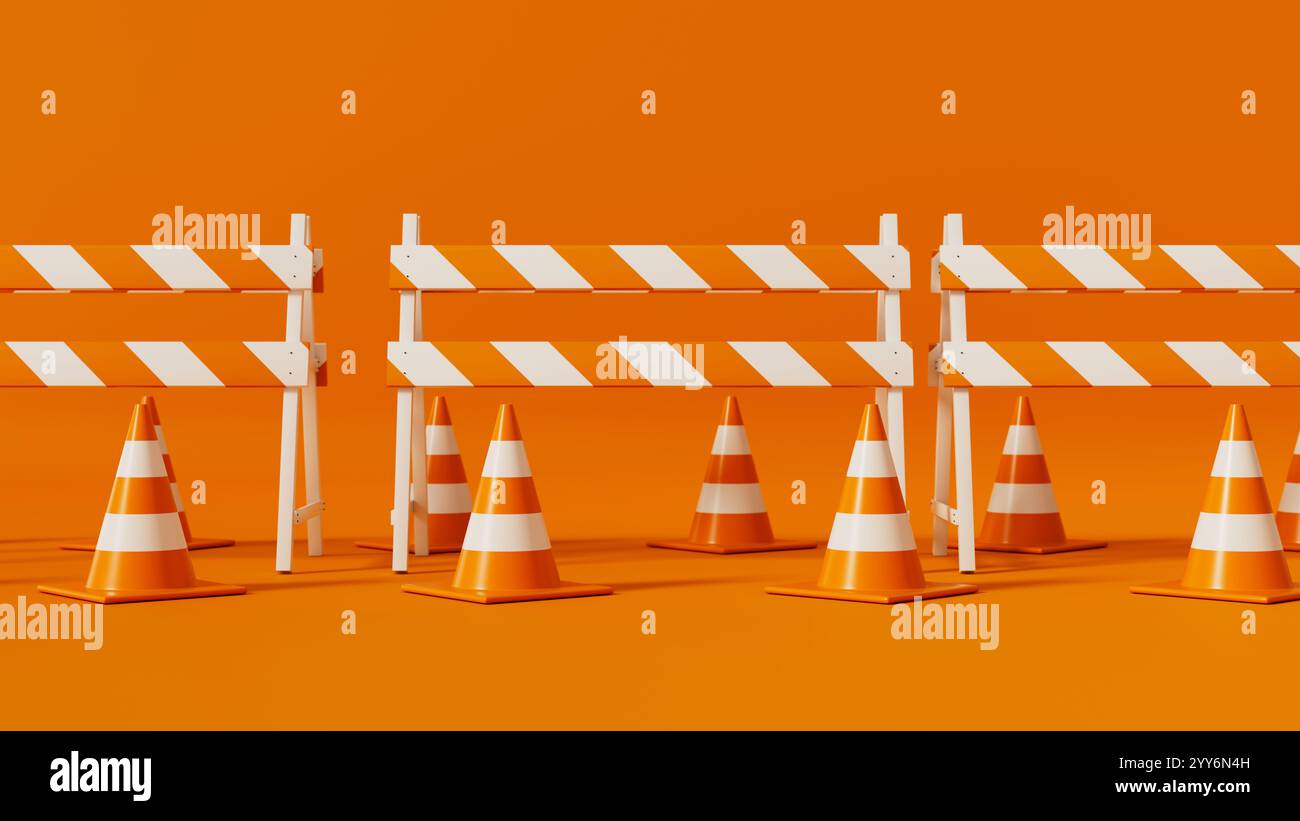 Line of orange traffic cones and barriers on orange background. Safety ...