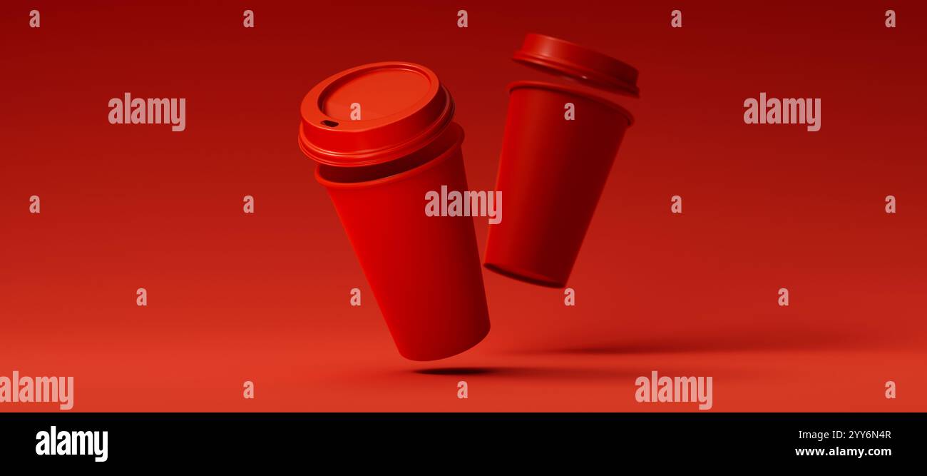 Two Minimalist Red Blank Paper Coffee Cup with open lid floating above ...