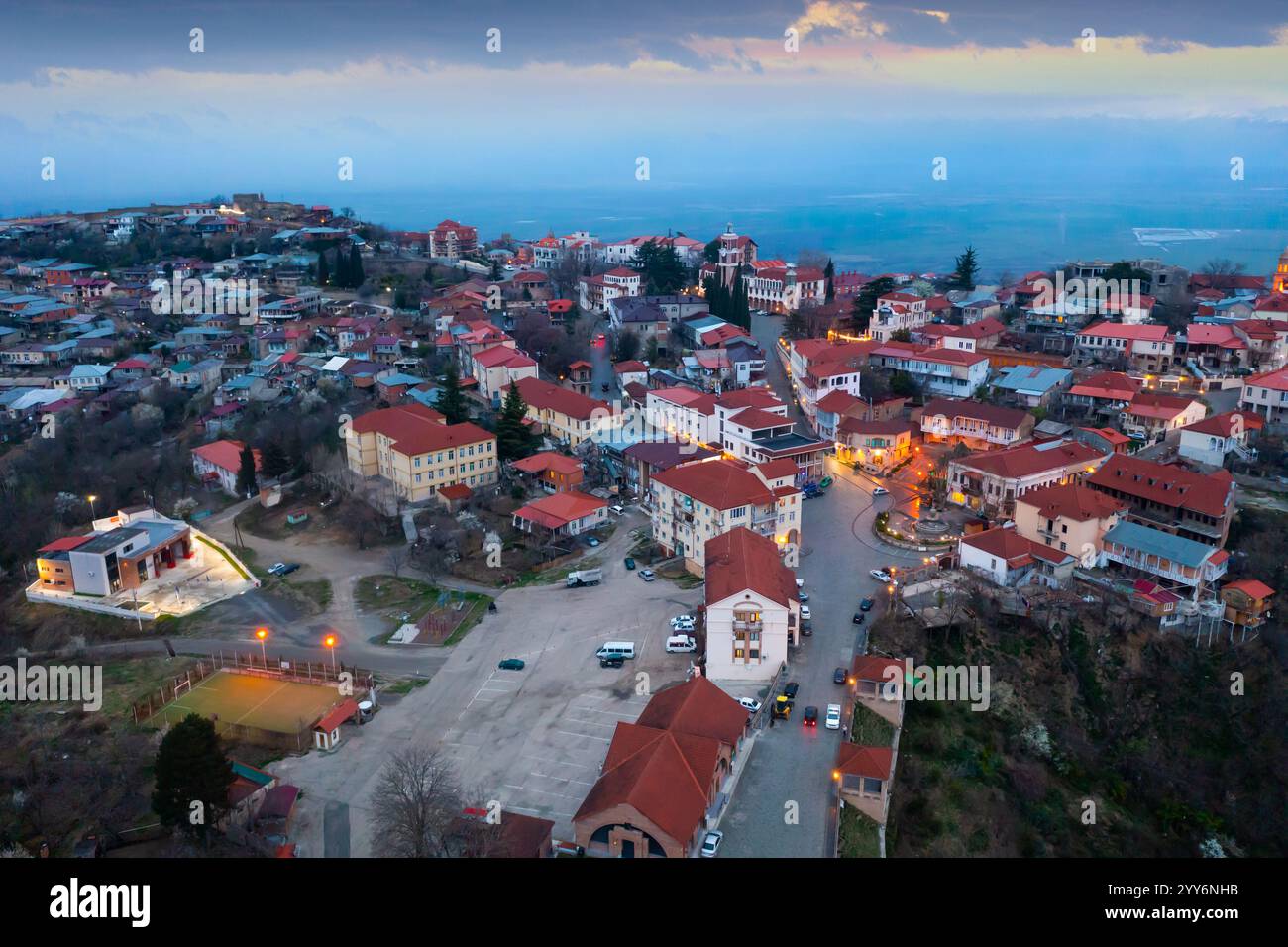 Aerial view of Sighnaghi overlooking Alazani Valley at twilight Stock ...